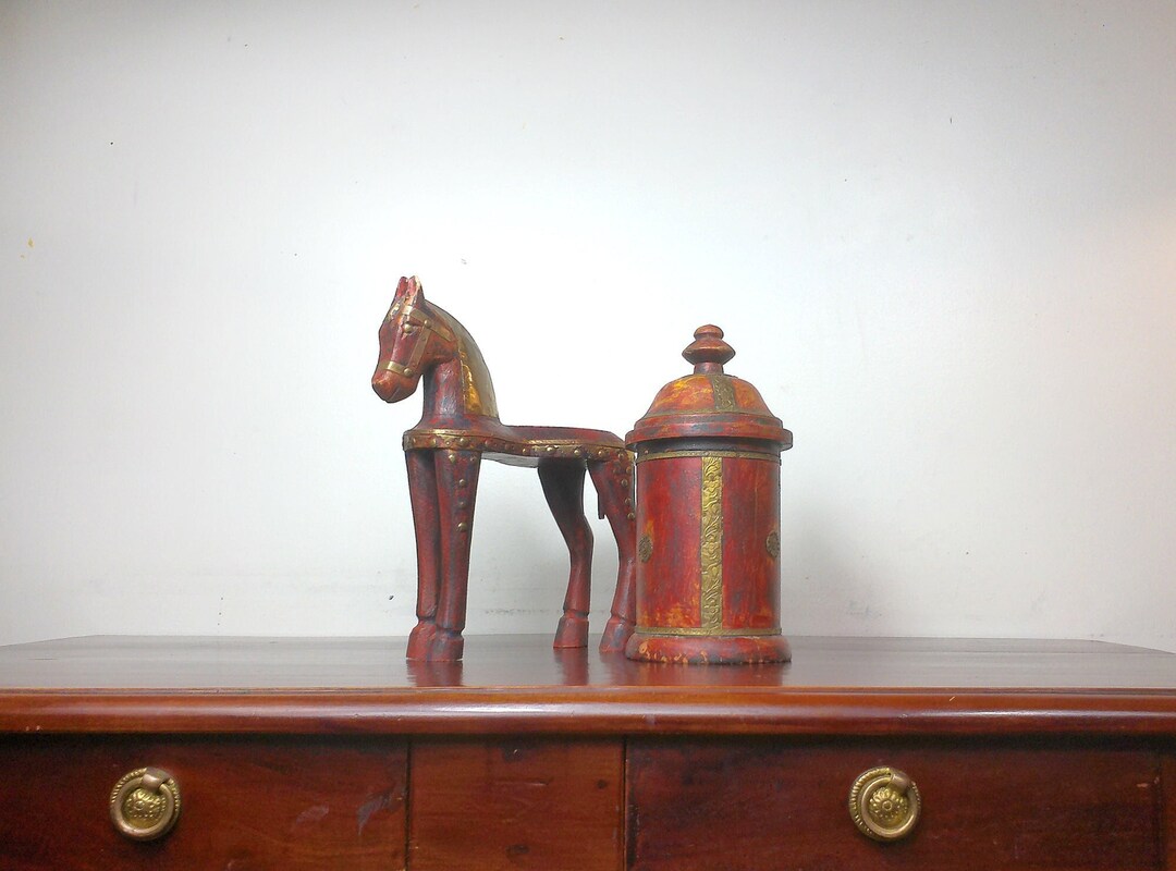 Indian Antique Art Objects, Storage Box, Wooden Horses, Brass Inlay ...