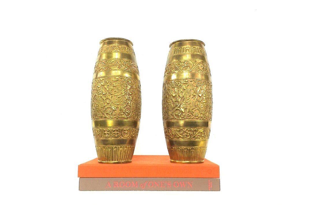 Indian Pair / Set of 2 Vintage Gold Etched Brass Temple Vases With ...