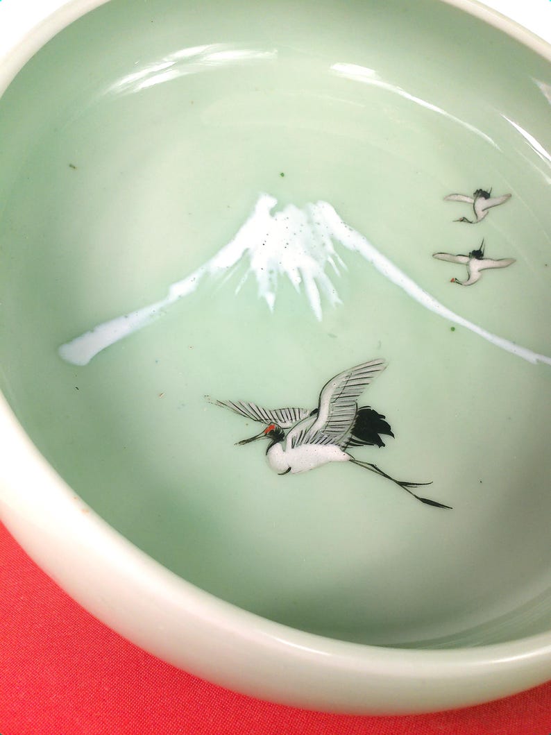 Japanese Antique Nabeshima Celadon Bowl With Cranes, Mount Fuji, Grand ...