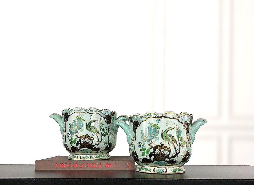 Chinese Export Set of Two Teal Guancai Cachepots With Birds, Celadon ...