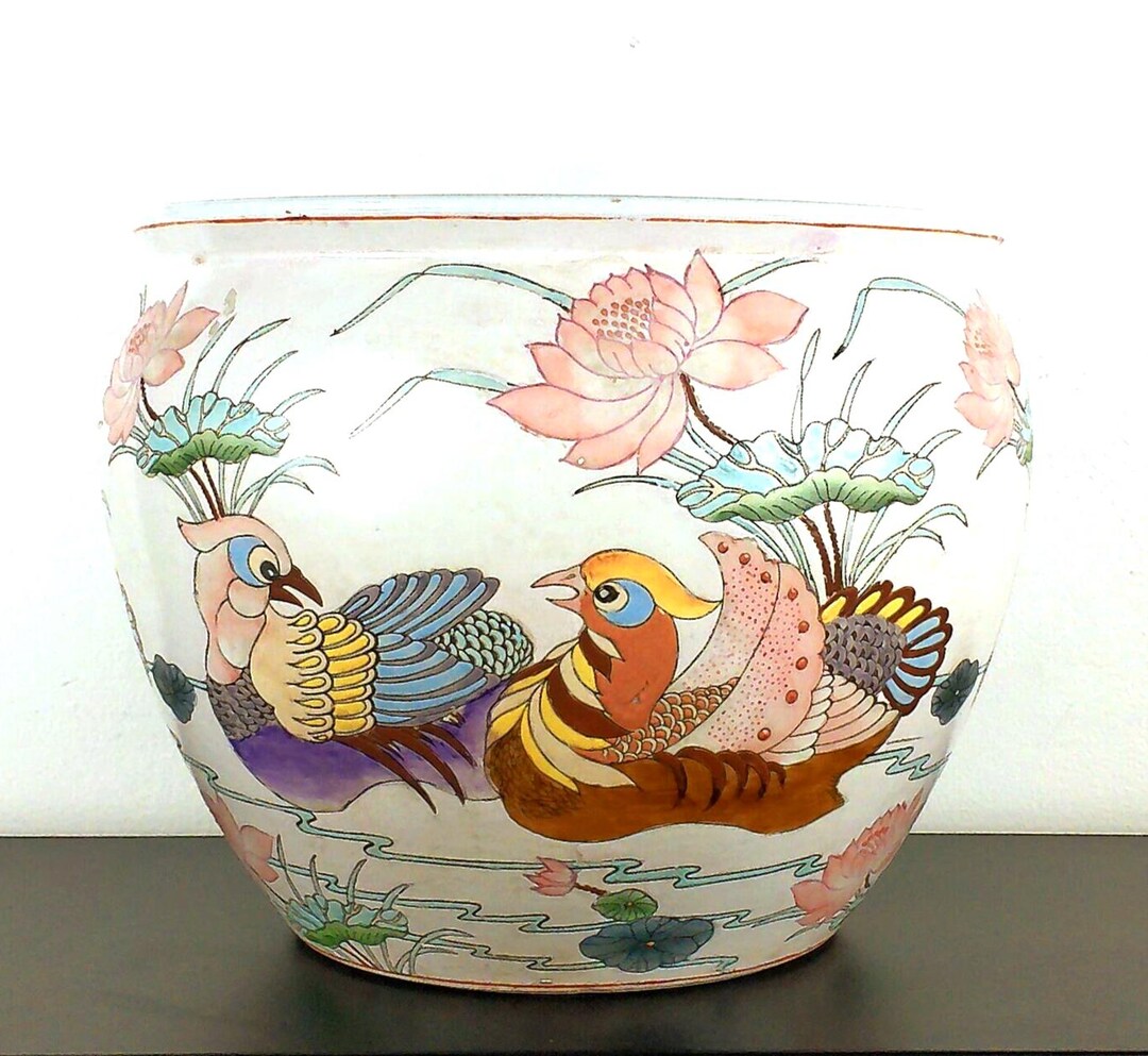 Chinese 13" Ceramic Fishbowl Planter With Duck Pattern, Famille Rose ...