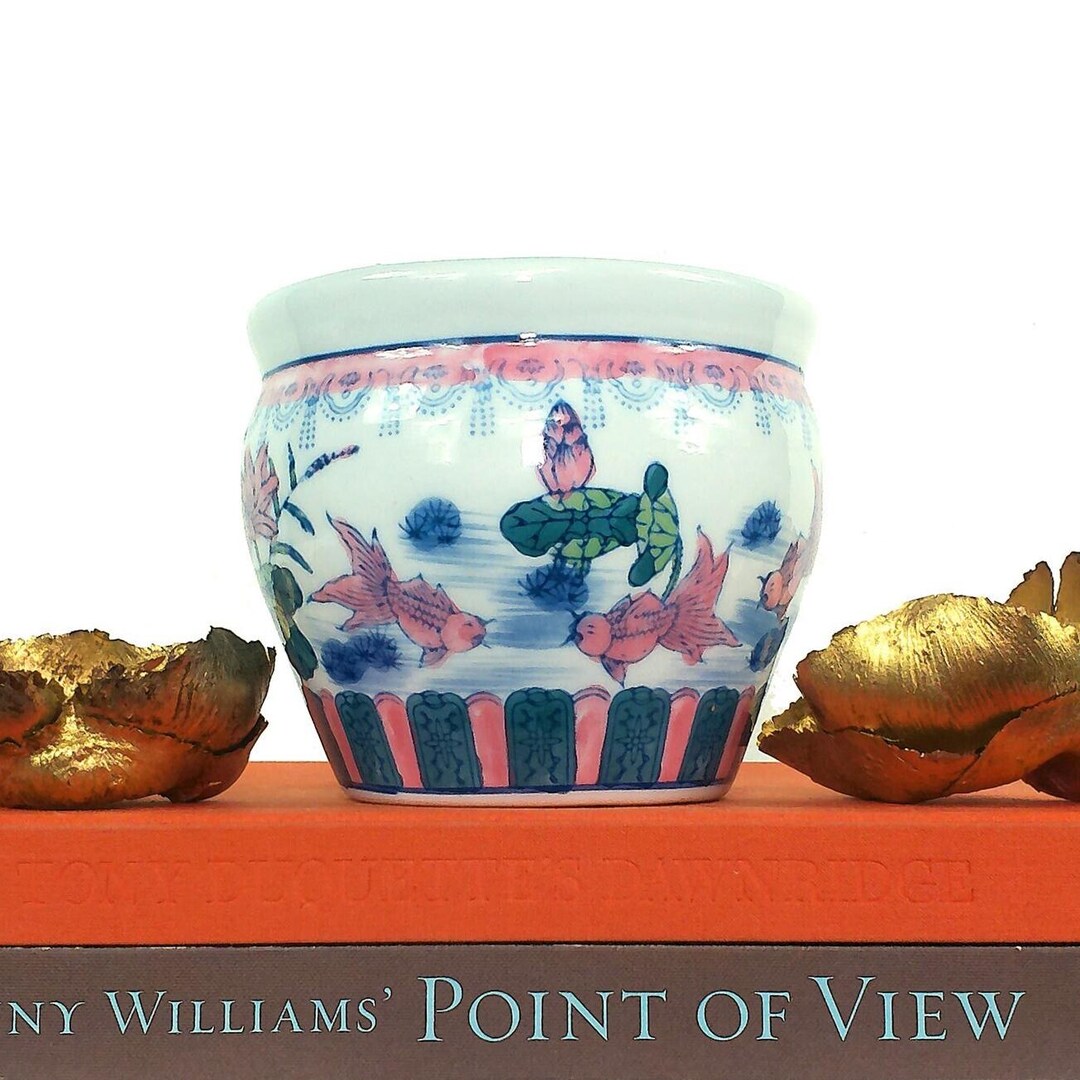 Chinese 6" Small Blue & Pink Fishbowl Planter With Koi, Grand ...