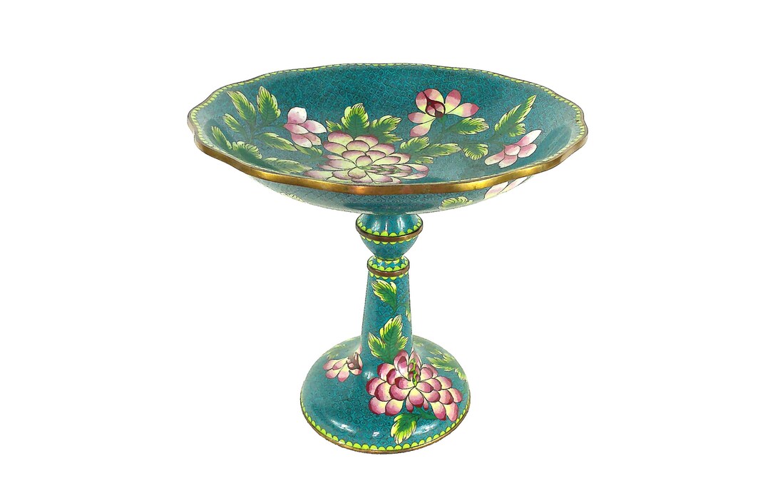 Chinese Export Large Antique Teal Brass Cloisonne Compote, Brass Tazza ...
