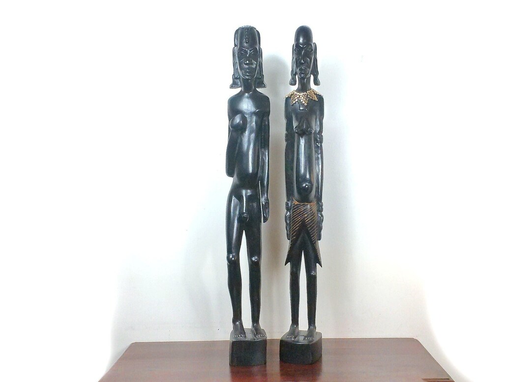 African Life Sized Ebony Wood Statues, Warrior, Set of 2 African ...