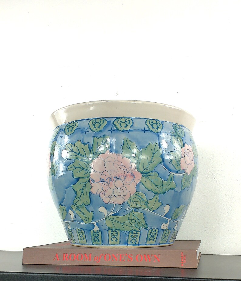 Vintage Chinese Blue & Pink Floral Fishbowl Planter, Chinoiserie Chic ...