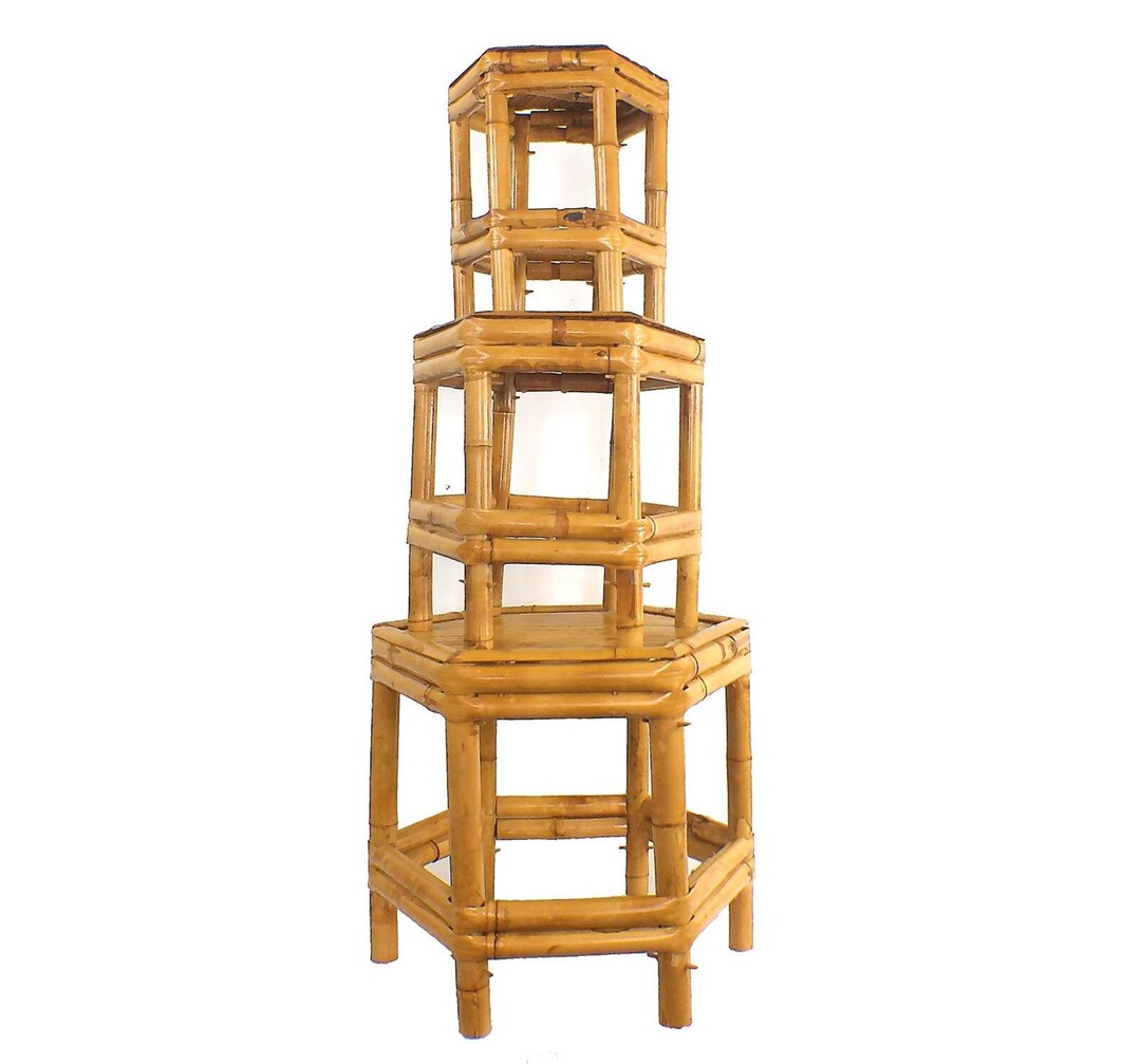 Vietnamese Scorched Bamboo Nesting Tables, Chinoiserie Plant Stands - Etsy