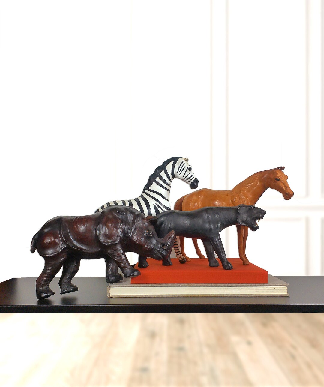 Set of 4 Mid-century Leather Safari Animal Sculptures, African Decor ...