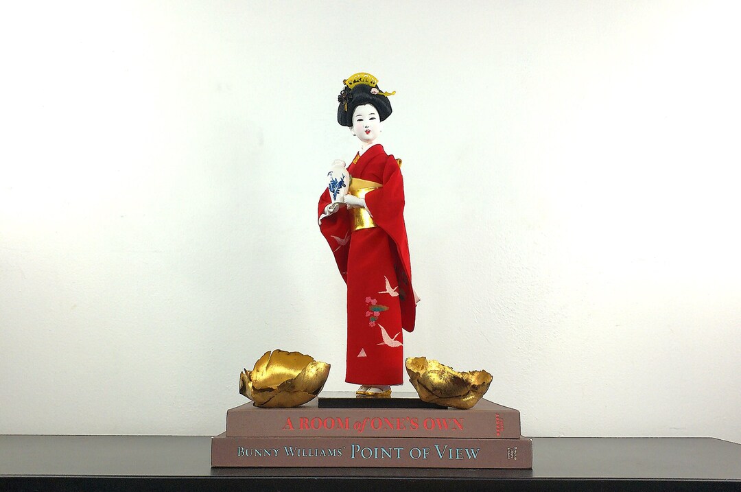 Japanese Vintage Yoshitoku Geisha Doll With Red Kimono and Vase ...