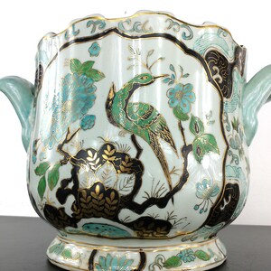 Chinese Export Set of Two Teal Guancai Cachepots With Birds, Celadon ...