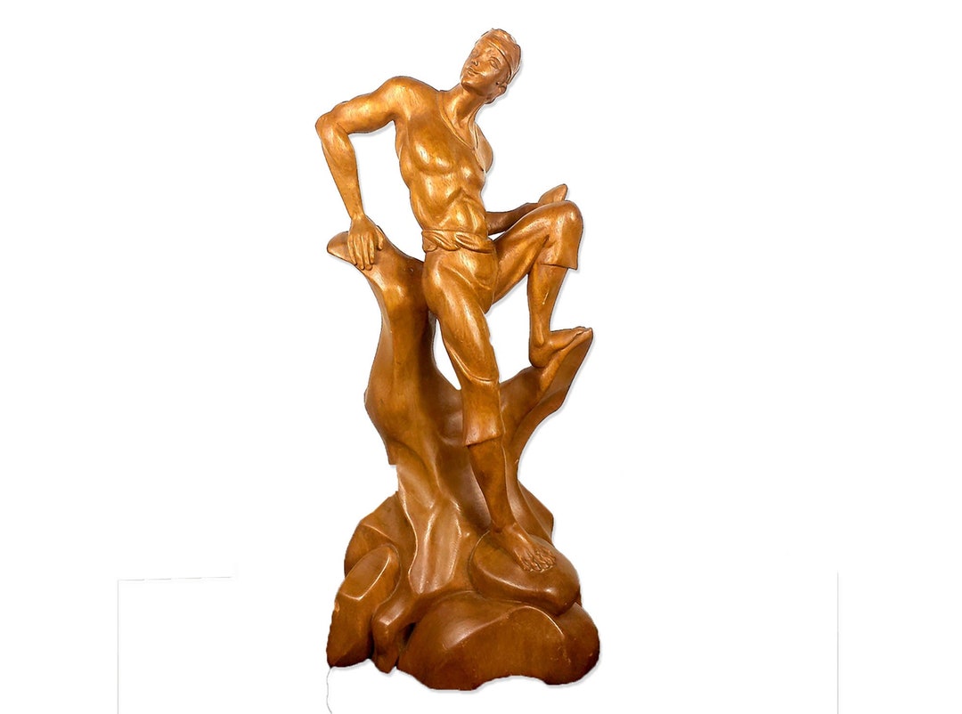 French Antique Art Deco Male Sculpture Hand Carved Walnut Statue Male Interest Vintage Queer