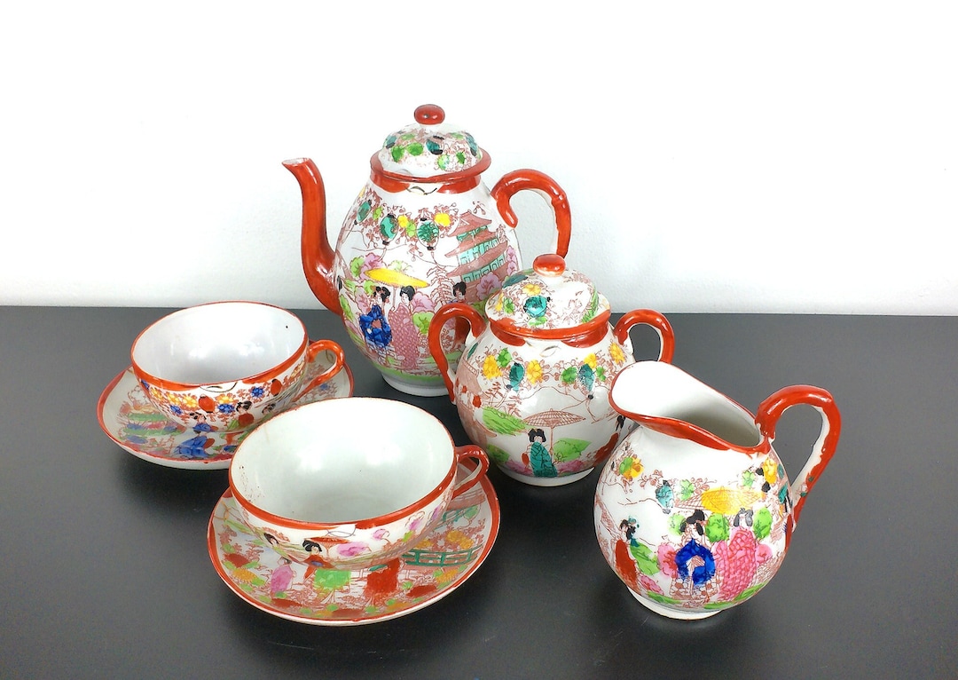 Japanese Geisha Kutani 7 Piece Tea Set, Vintage Transferware ...