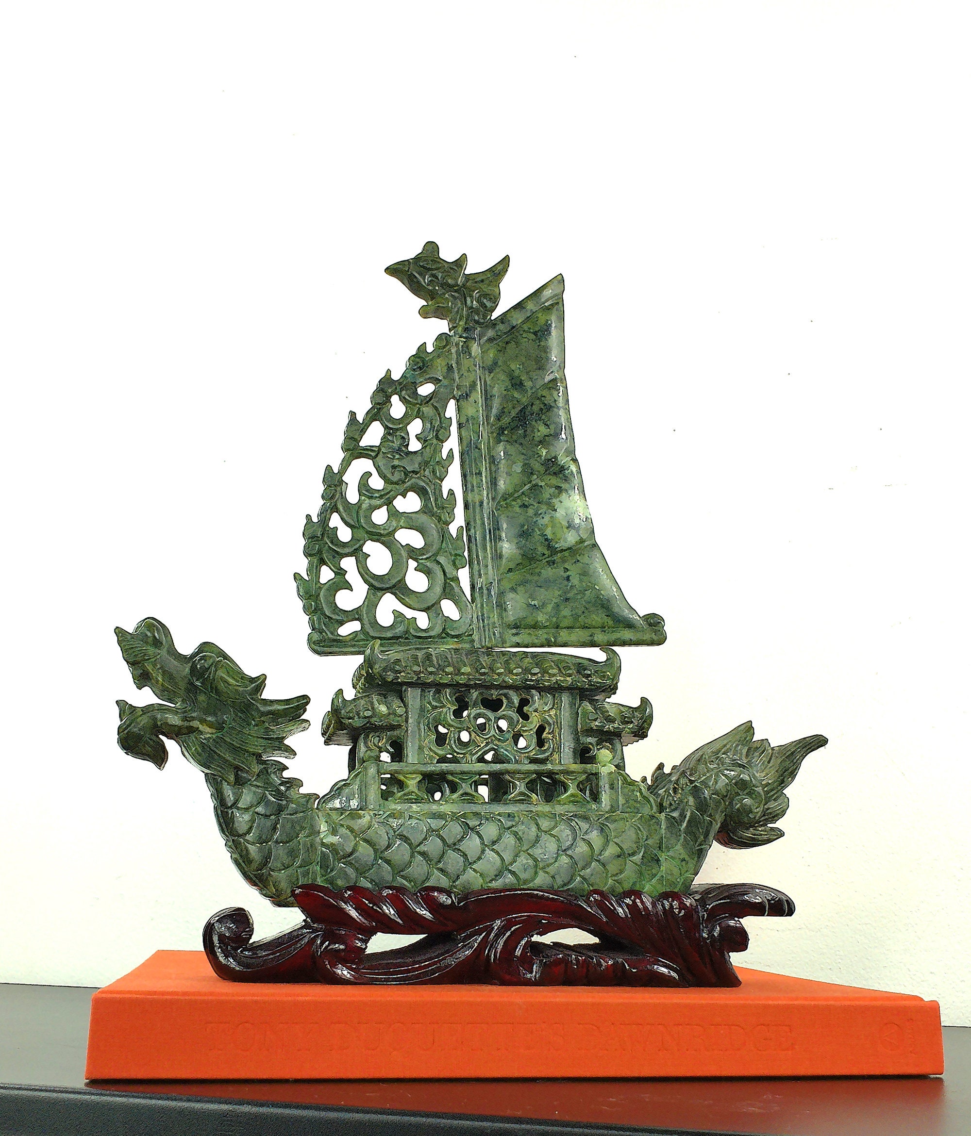 Chinese Carved Green Jade Dragon Boat Sculpture, Chinoiserie, Grand ...