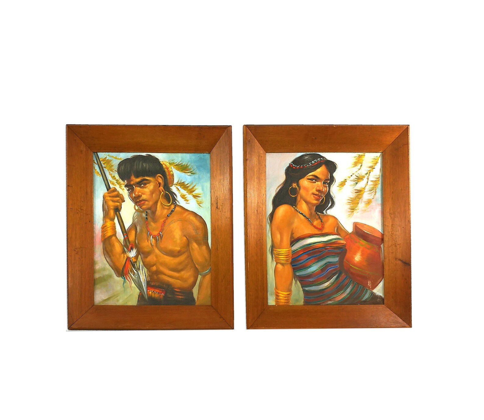 Filipino Pair of Igorot Portrait Paintings Attributed to Benjamin Alano, Set of 2 Framed Large ...