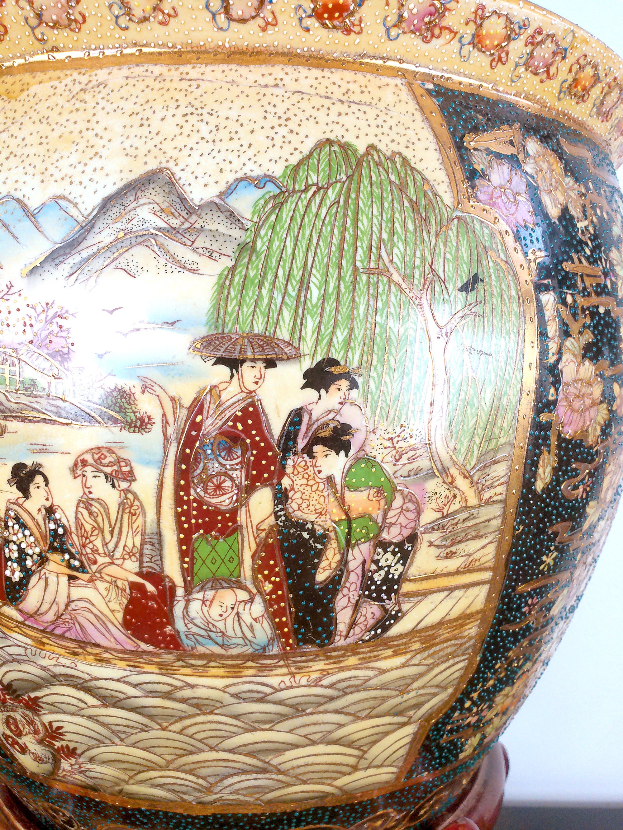 Antique Royal Satsuma Fishbowl Planter With Stand, Geisha, Moriage ...