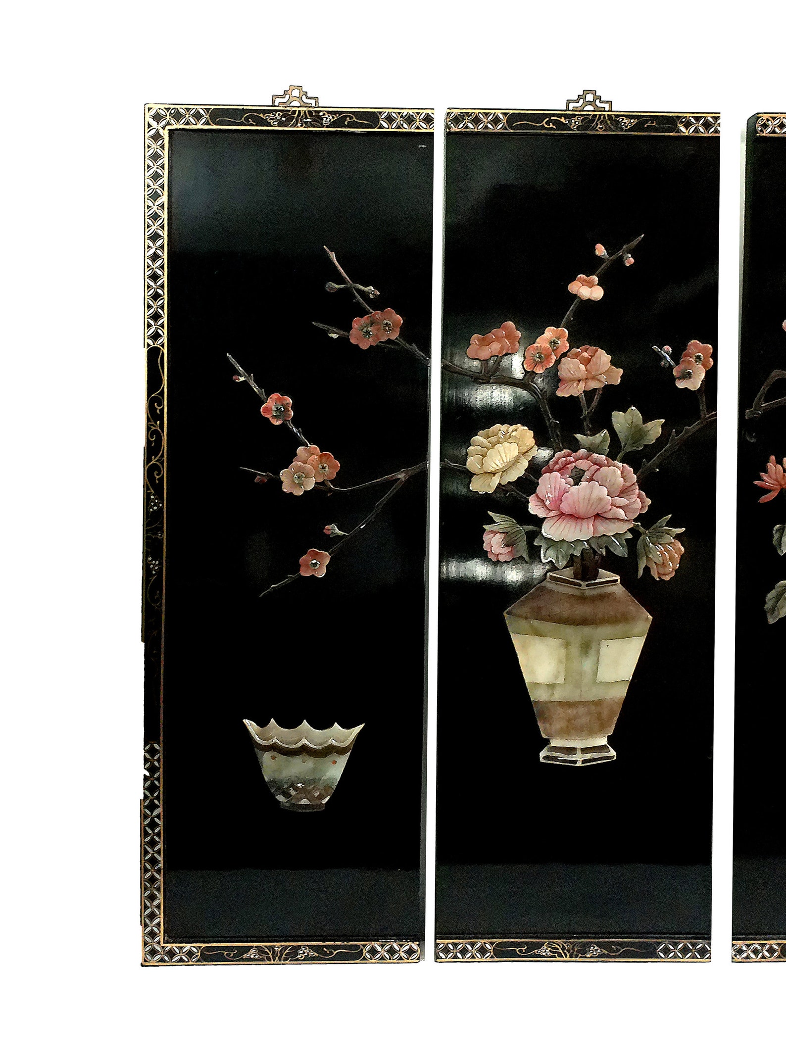 Chinese Set of 4 Large Carved Mother of Pearl & Jade Wall Panels ...