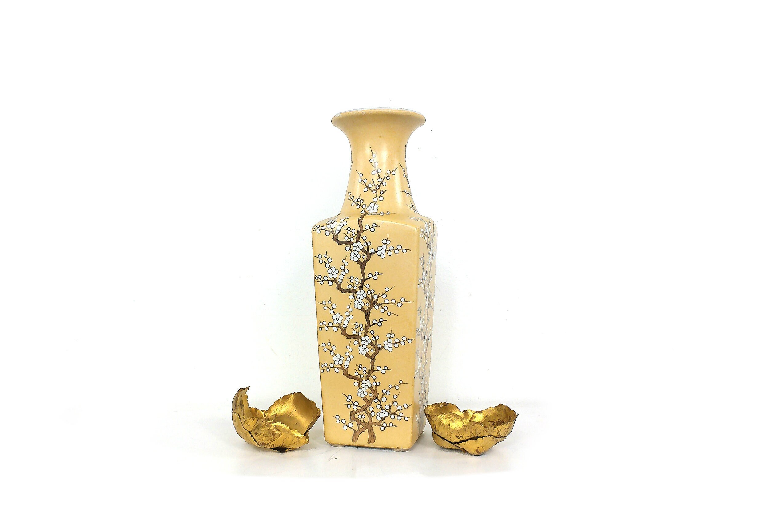 Chinese Export Large Yellow Vase With Cherry Blossom Design, Vintage ...