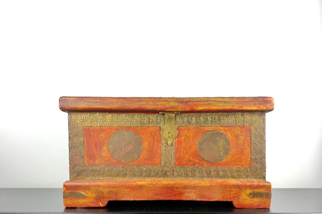 Indian Antique Red Storage Trunk, Dowry Box, Rustic Painted Chest ...