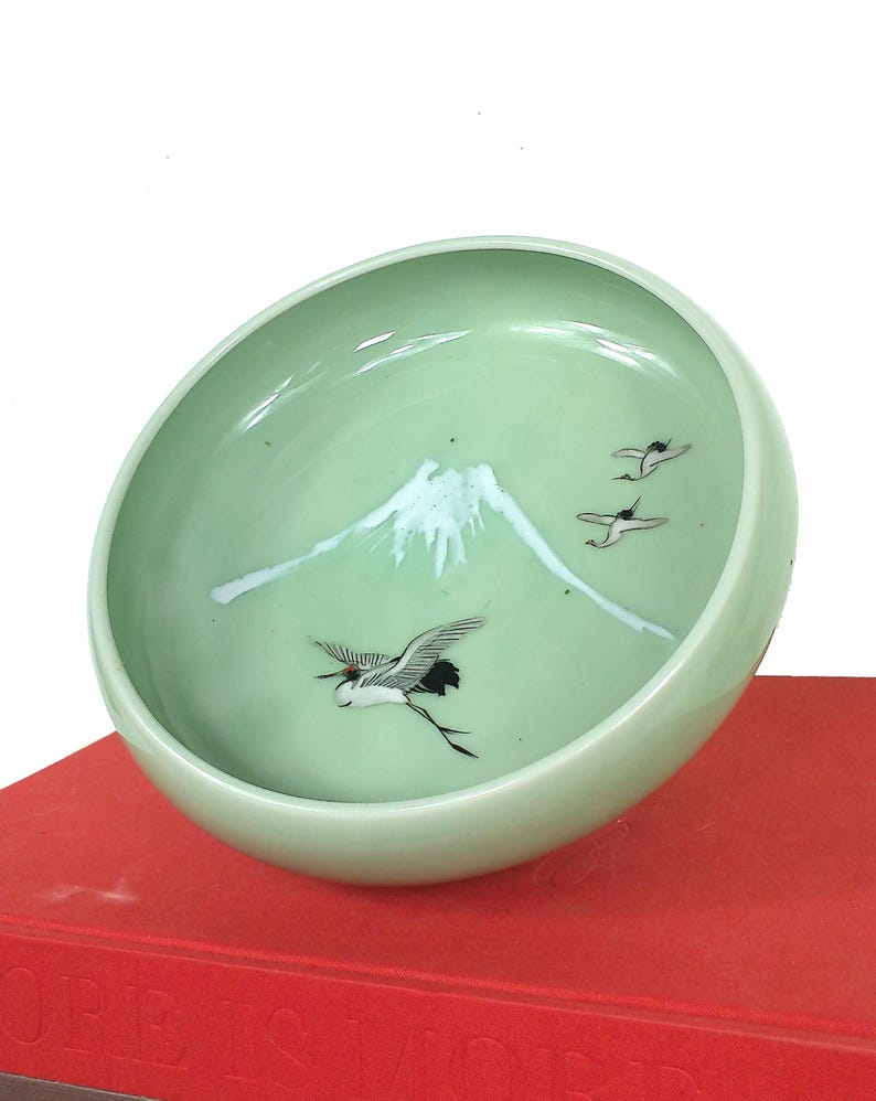 Japanese Antique Nabeshima Celadon Bowl With Cranes, Mount Fuji, Grand ...