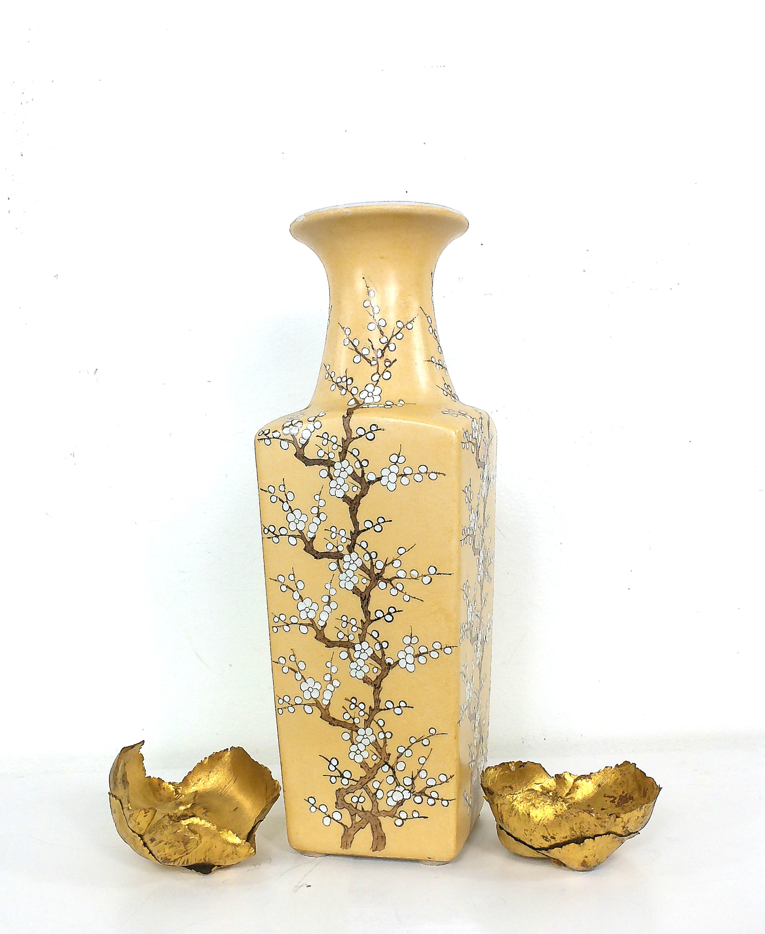 Chinese Export Large Yellow Vase With Cherry Blossom Design, Vintage ...