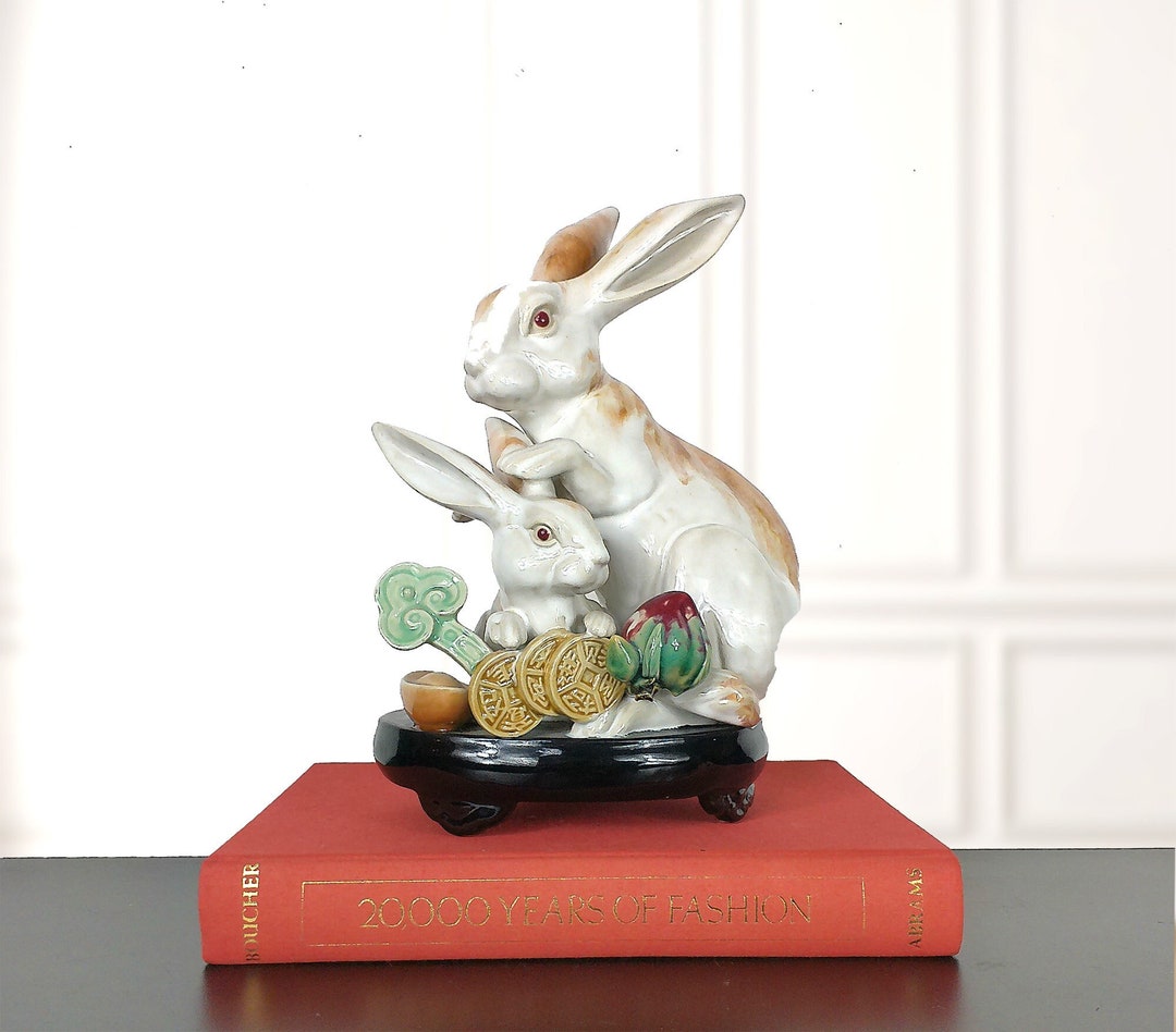 Chinese Antique Majolica Rabbit Sculpture, Wucai, Feng Shui Figure ...