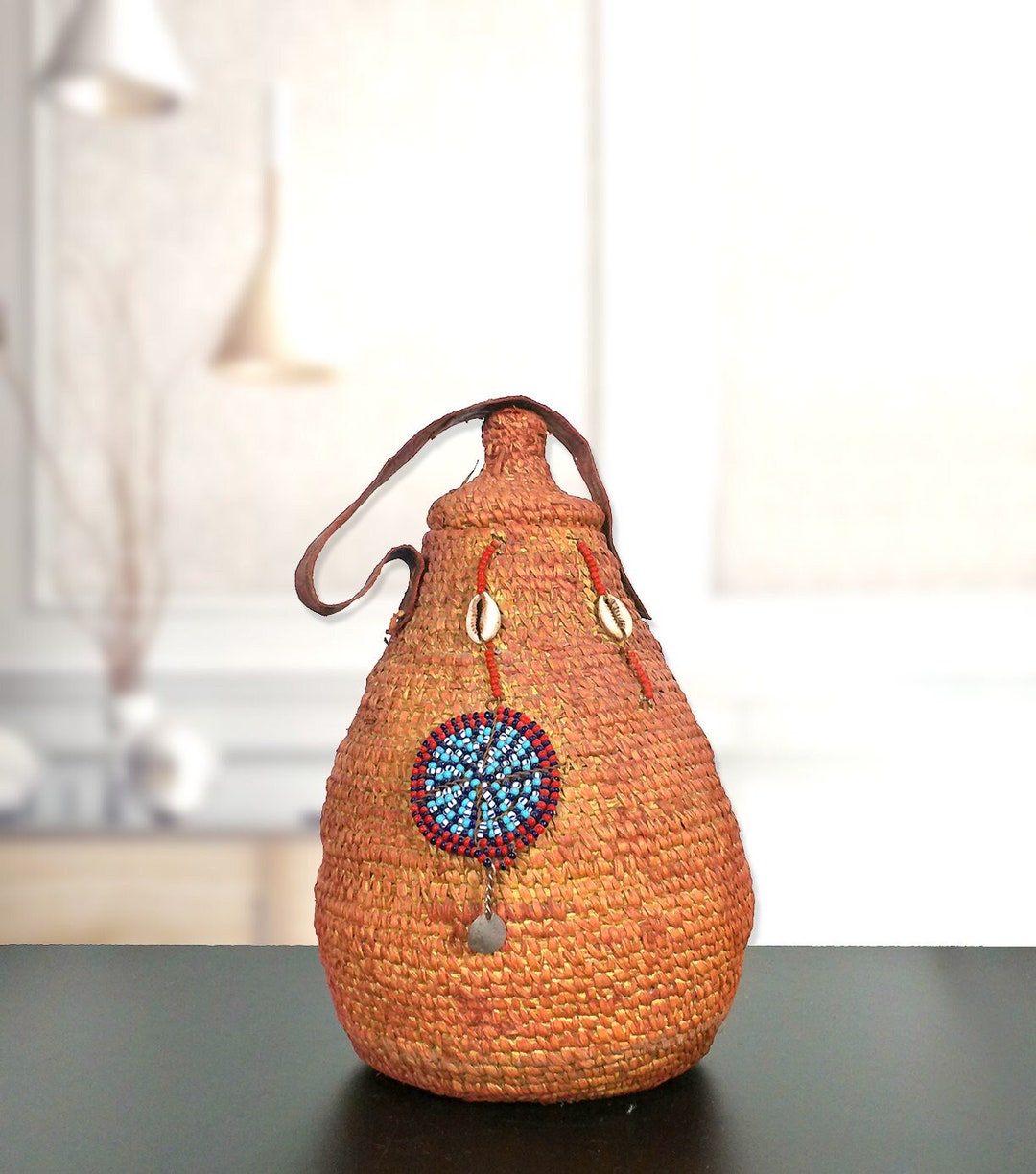 Ethiopian Antique Harari Water Basket With Beading, African Handwoven ...