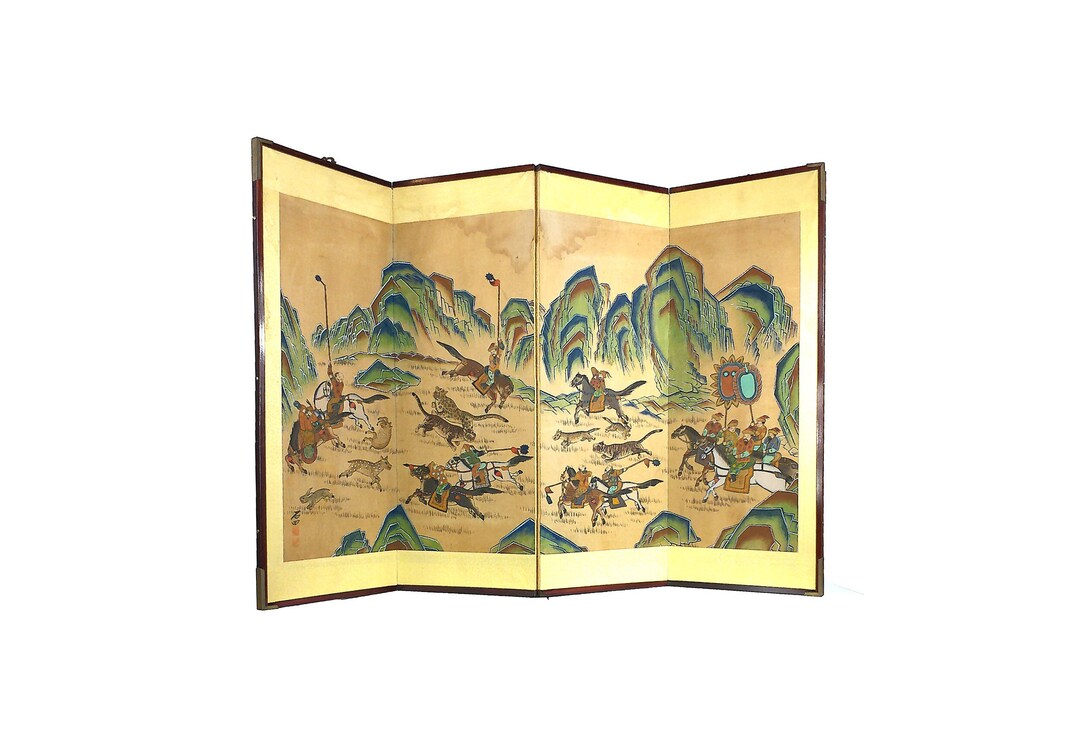 Korean Antique 4 Panel Hand Painted Byobu, Folding Screen, Vintage ...