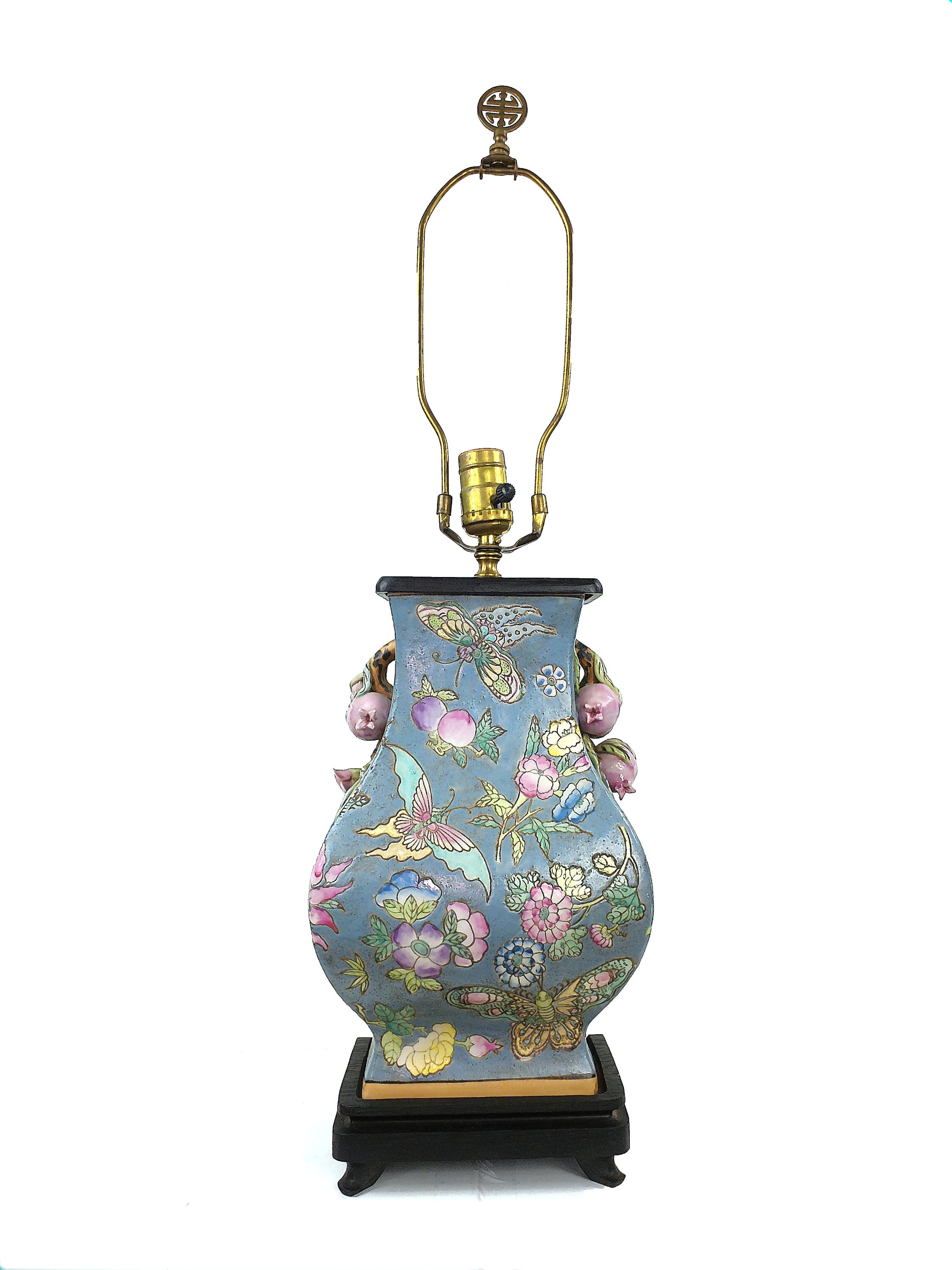 Vintage Blue Chinoiserie Table Lamp, Butterfly Pattern, Floral, Grand ...