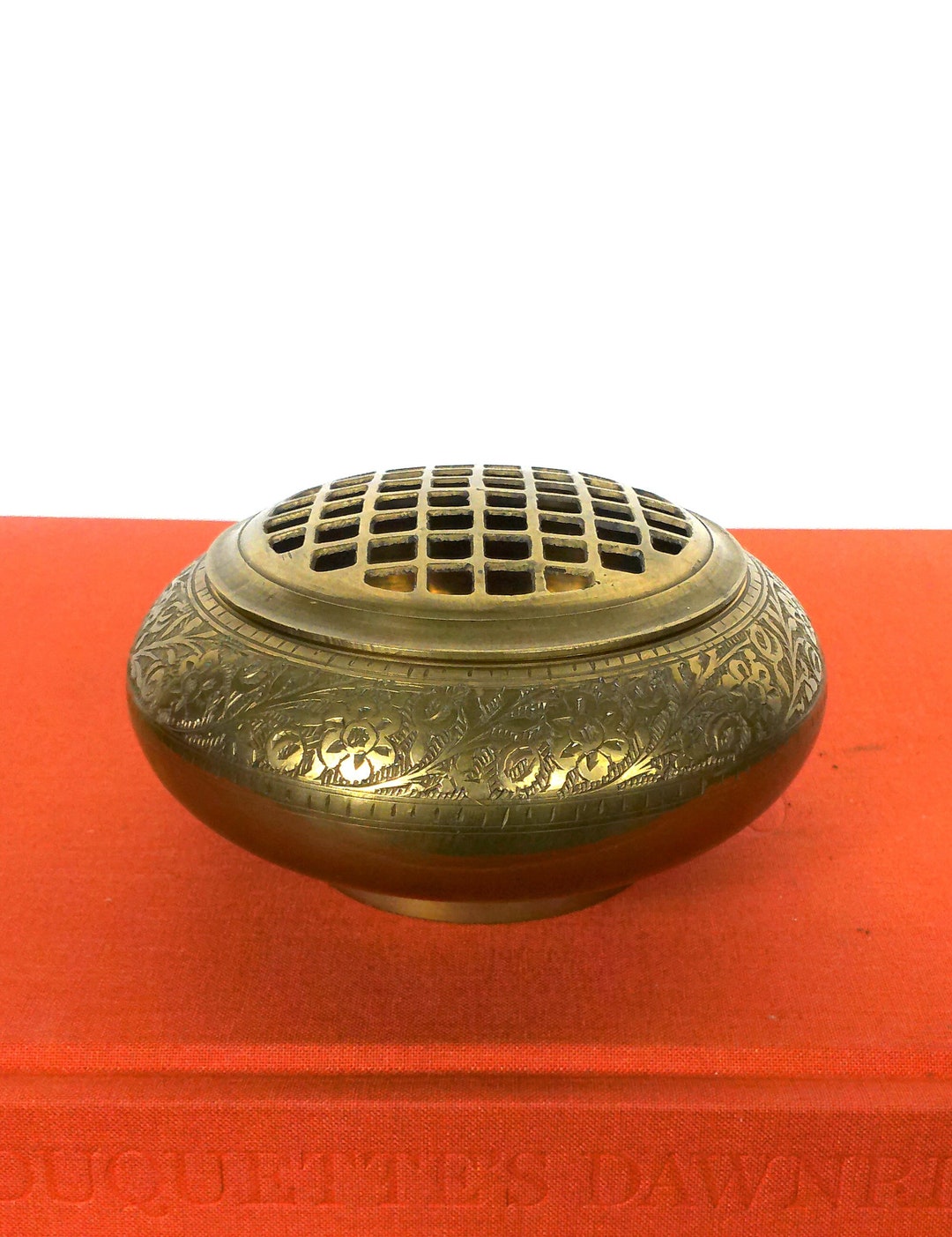Indian Etched Brass Incense Burner, Hindu Art, Made in India, Censer, Gilt, Art Objects, Mid ...