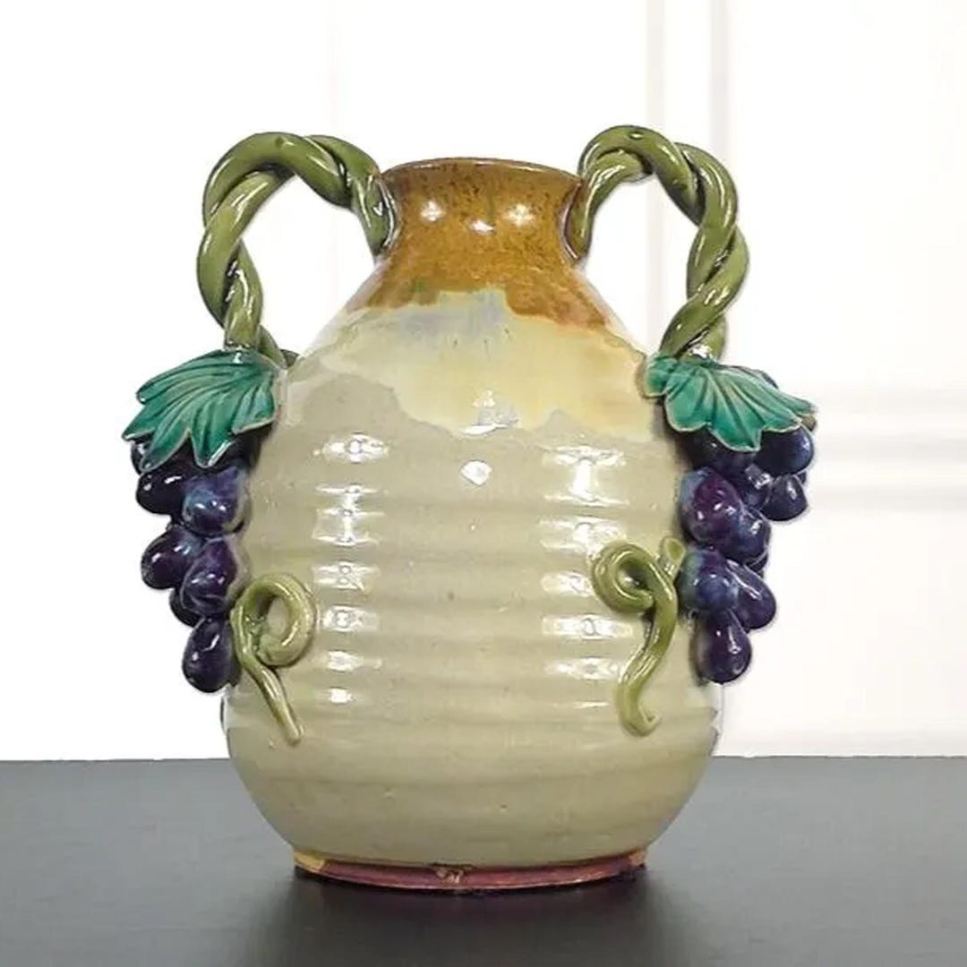 Vintage Majolica Vase With Grapes, Cottagecore Ceramics, European Decor ...