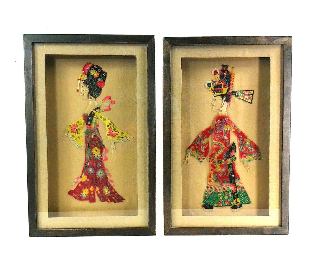 Vintage Pair of Chinese Wax Paper Cuttings, Pi Ying Xi Puppets ...