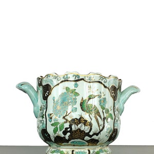 Chinese Export Set of Two Teal Guancai Cachepots With Birds, Celadon ...