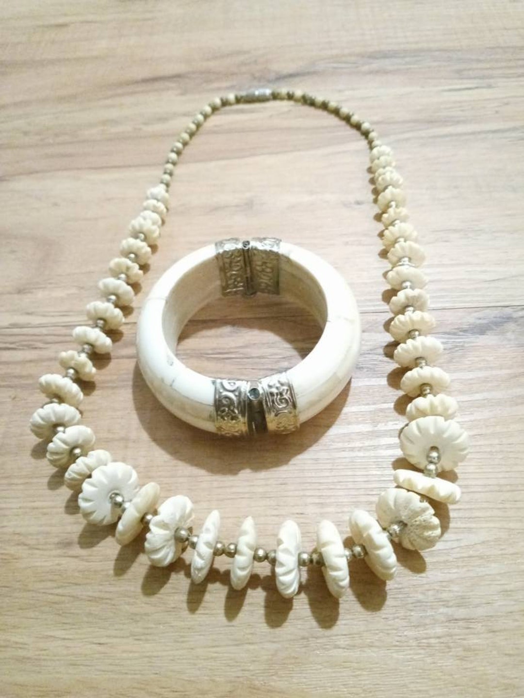 Indian Batik Bone Jewelry Set Silver Bead and Batik Bone Necklace Batik ...