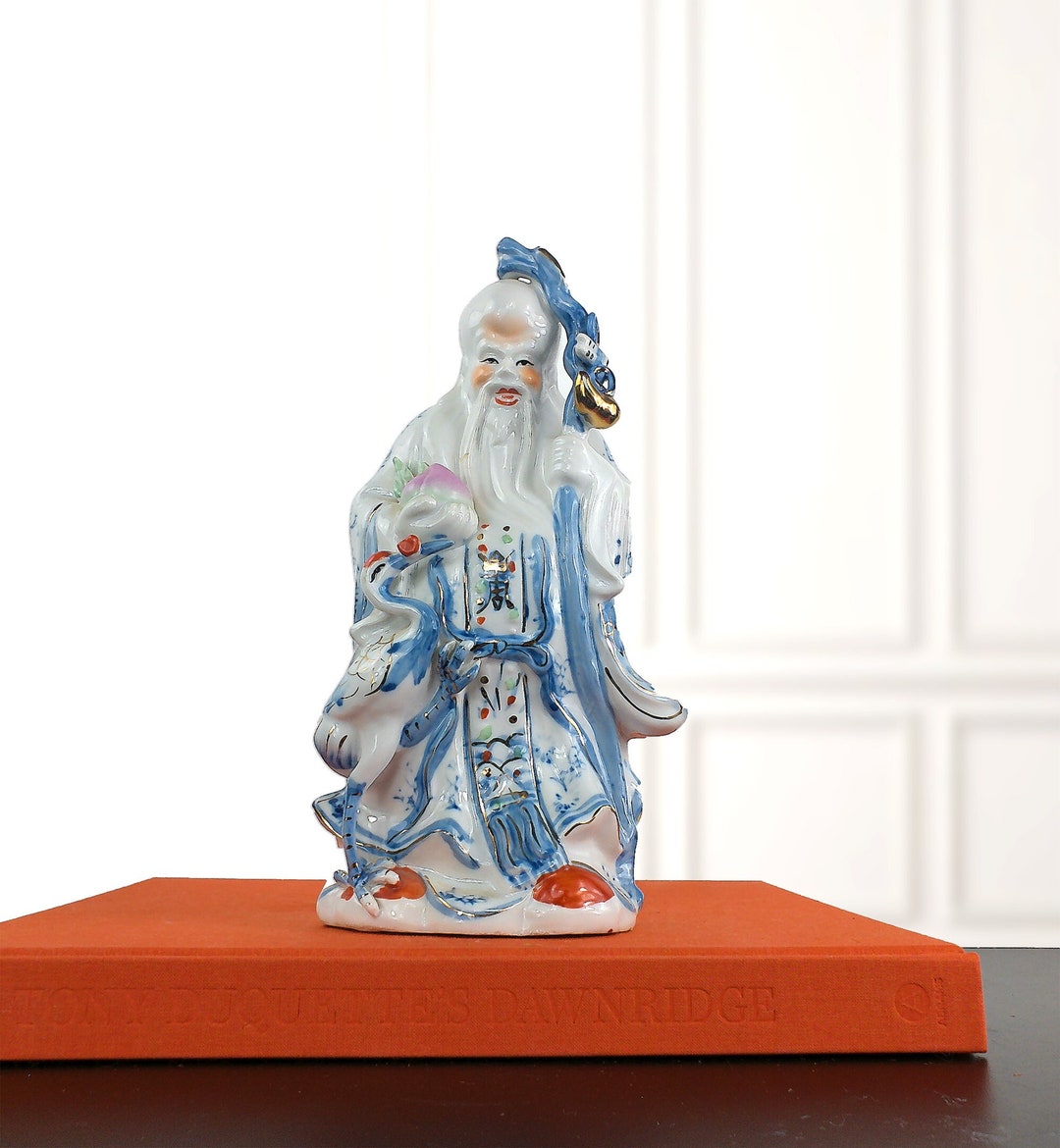 Chinese Export Blue and White Fu Lu Shou Figurine, Buddhist Statue ...