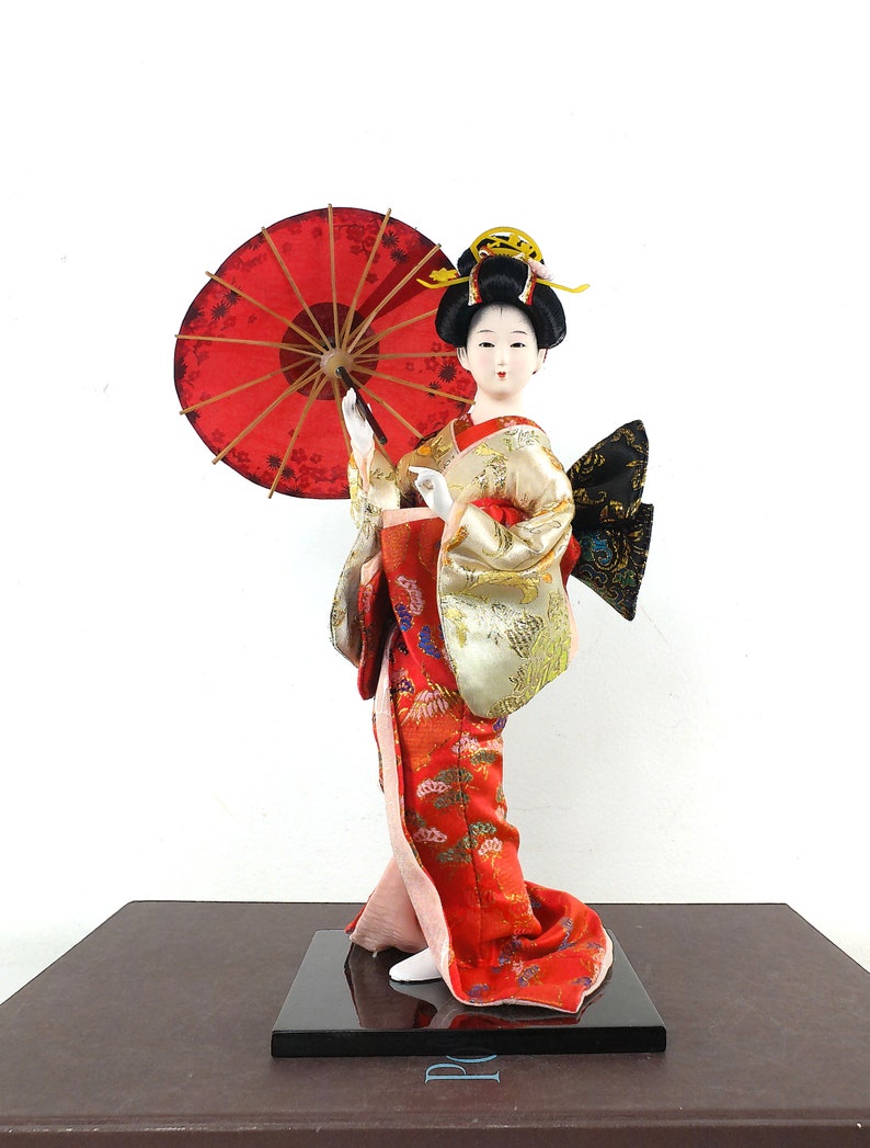 Vintage Japanese Kyugetsu Geisha Doll With Red Kimono & Umbrella ...