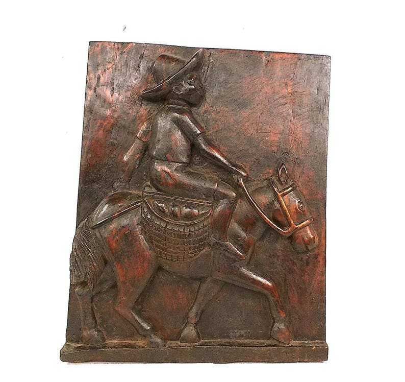 Vintage Filipino Hand Carved Wooden Wall Panel - Man on Donkey, Rustic ...