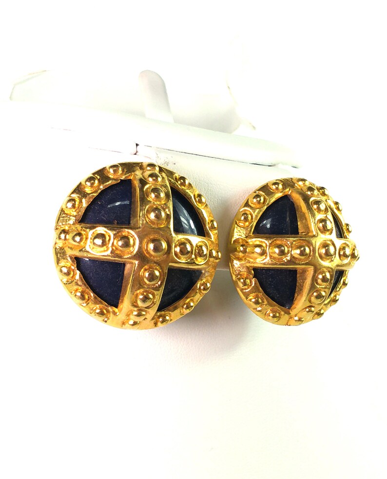 80s Large Gold & Black Resin Shield Button Clip-on Earrings, Designer ...