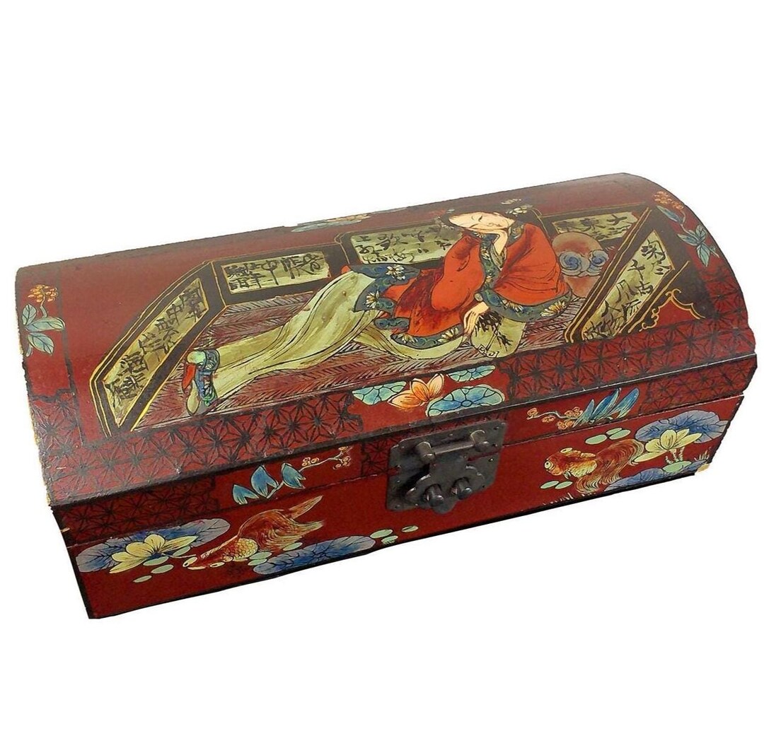 Antique Chinese Scroll Box With Courtesan, Asian Trunk, Chinoiserie ...
