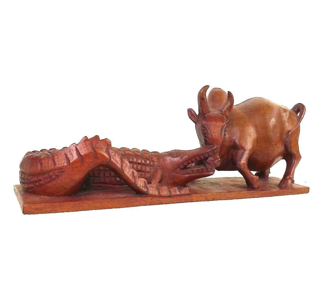 African 3" X 15" Crocodile and Water Buffalo Wood Carving, Folk Art ...