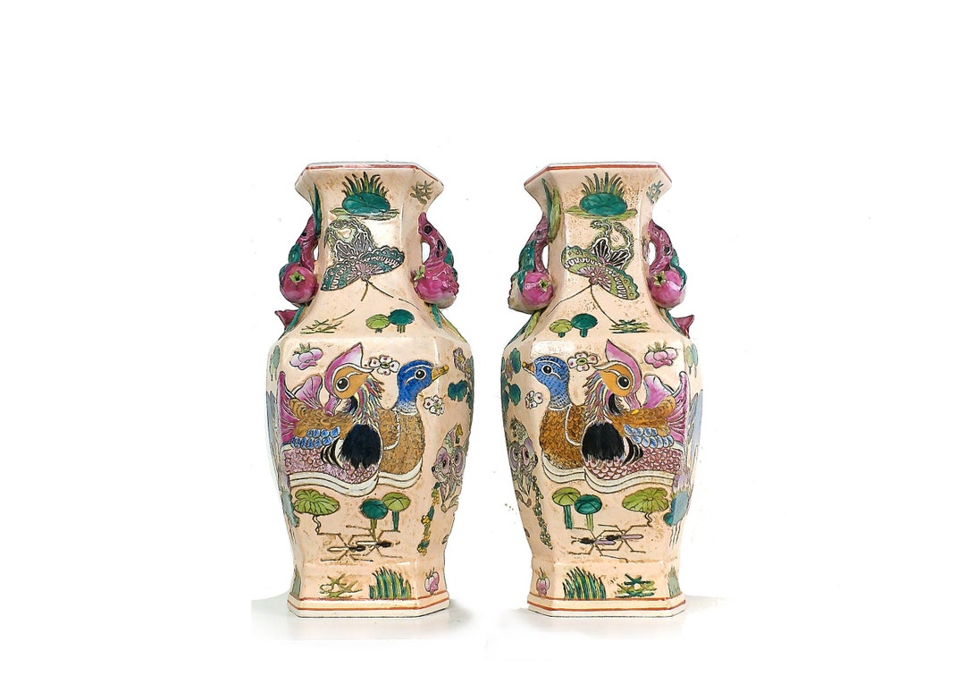 Chinese Export Antique Pair / Set of 2 Pink Famille Rose Vases With ...