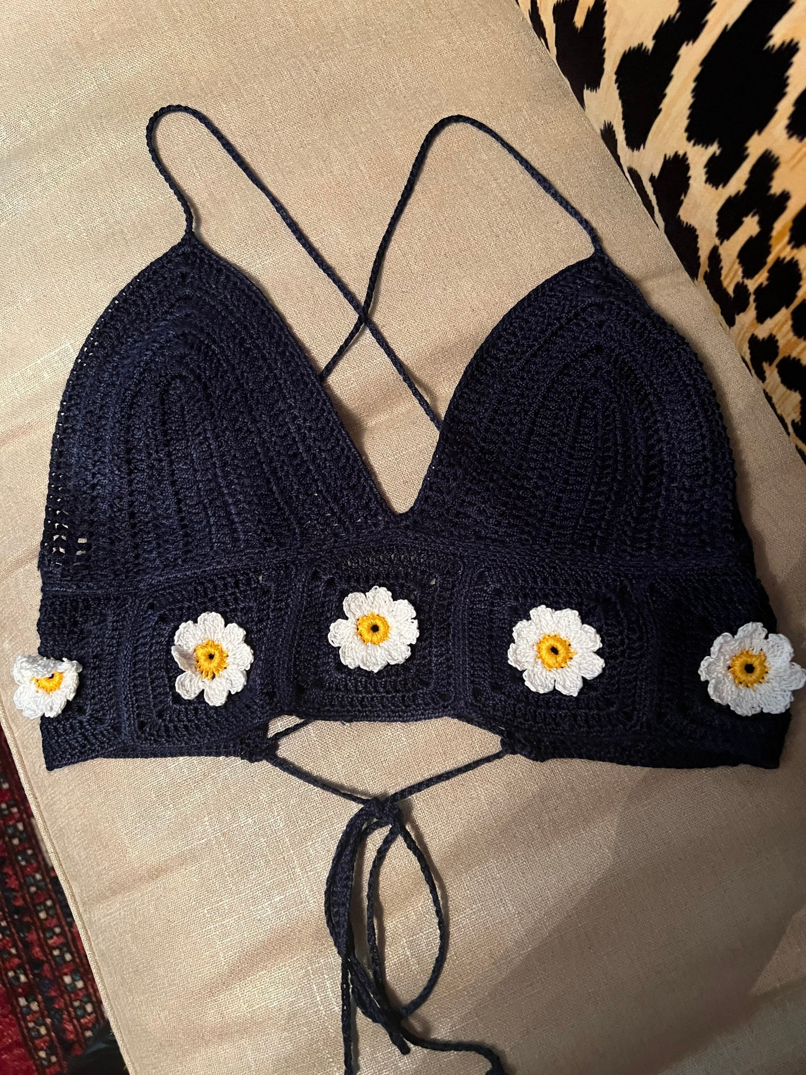 Navy Blue Crocheted Halter With Daisies - Etsy