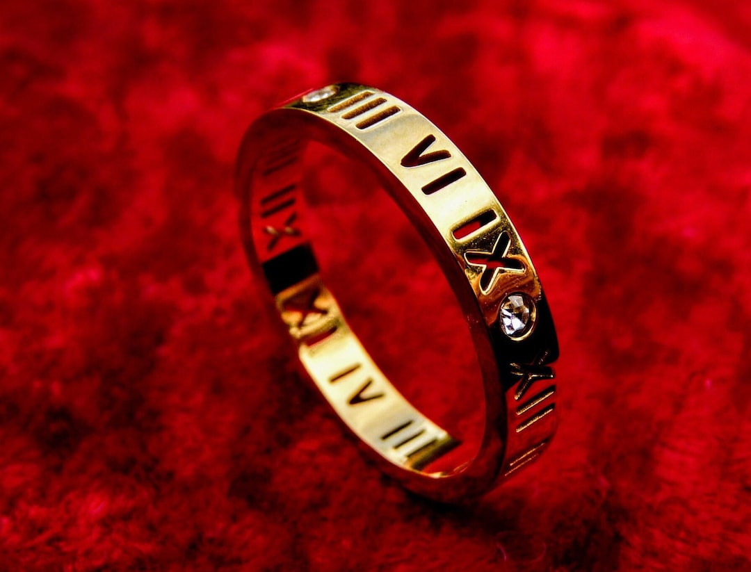 Roman Numerals Ring Engraved Gemstones Stackable Collection Gold ...