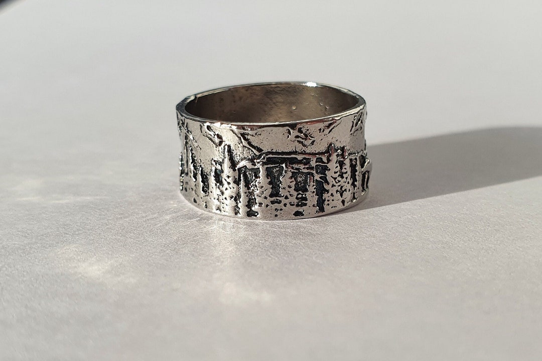 Winter Scene Ring Snow Scenery Snowy Village Wolf Pack Silver Ring ...