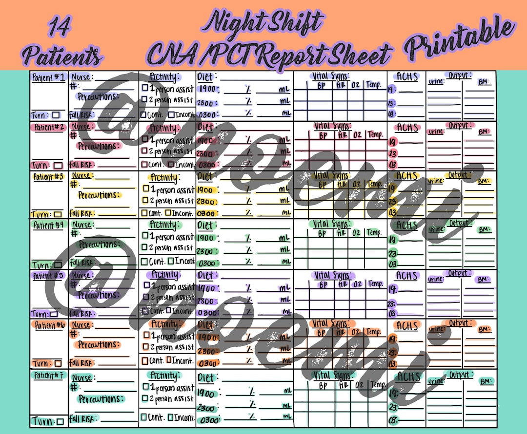 Night Shift CNA Report Sheet, Printable 14 Patient Report Sheet, Tcp ...
