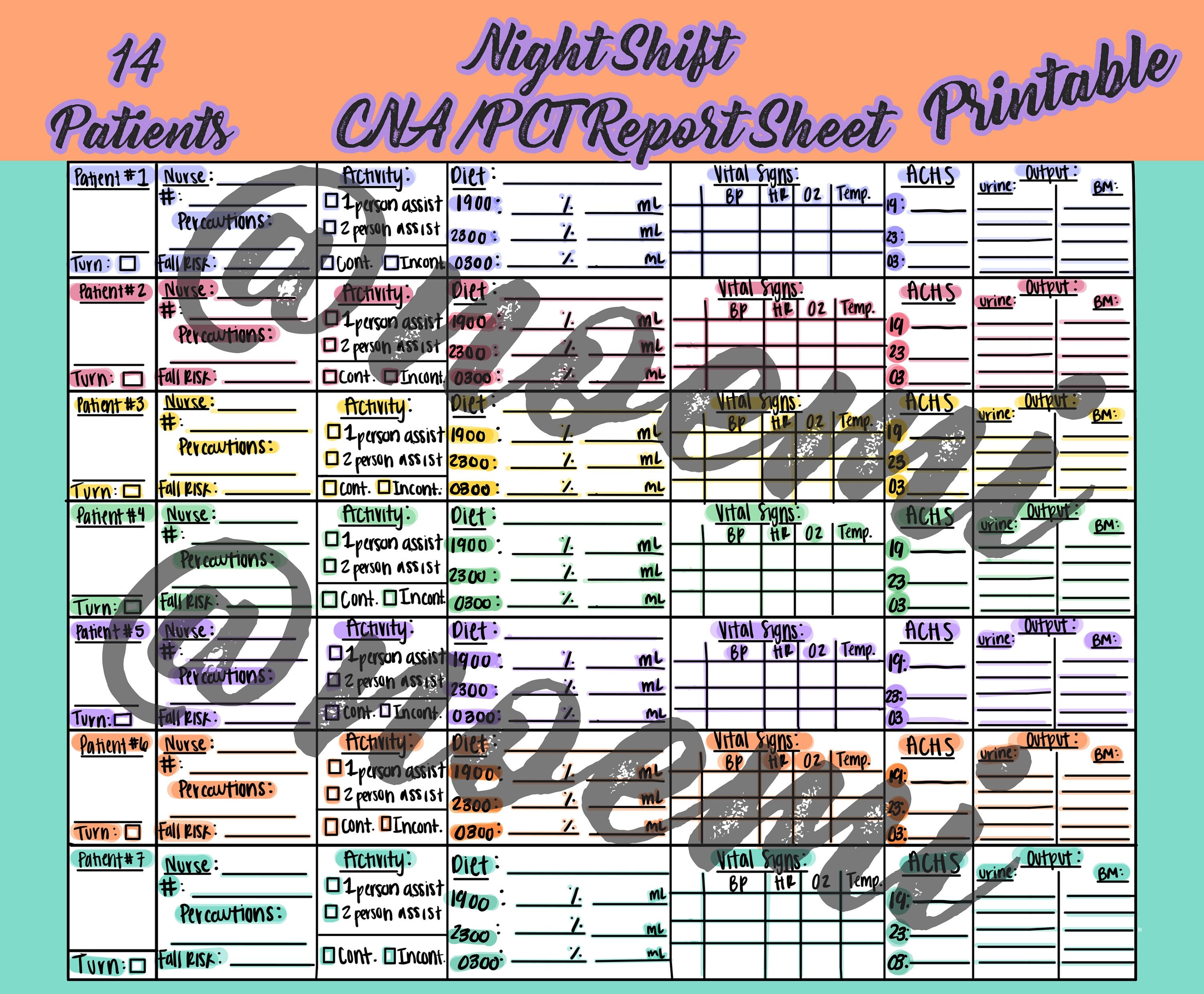 Night Shift CNA Report Sheet, Printable 14 Patient Report Sheet, Tcp ...