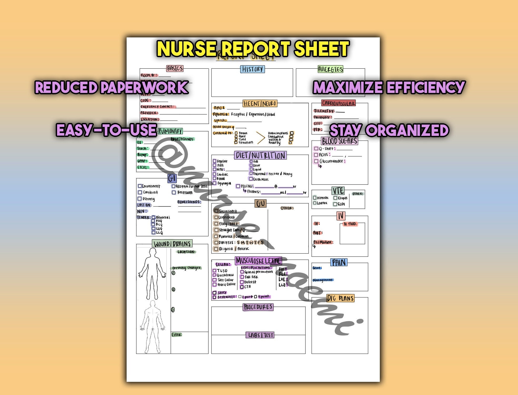 Printable Nursing Report Sheet, Nurse Brain Sheet/med Surg Brain Sheet ...