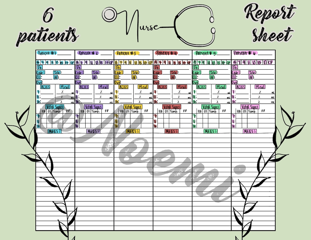 6 Patients Printable Nursing Report Sheet/ Nurse Brain Sheet/med Surg ...