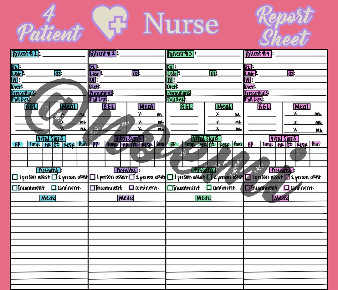 4 Patients Printable Nursing Report Sheet/ Nurse Brain Sheet/med Surg ...