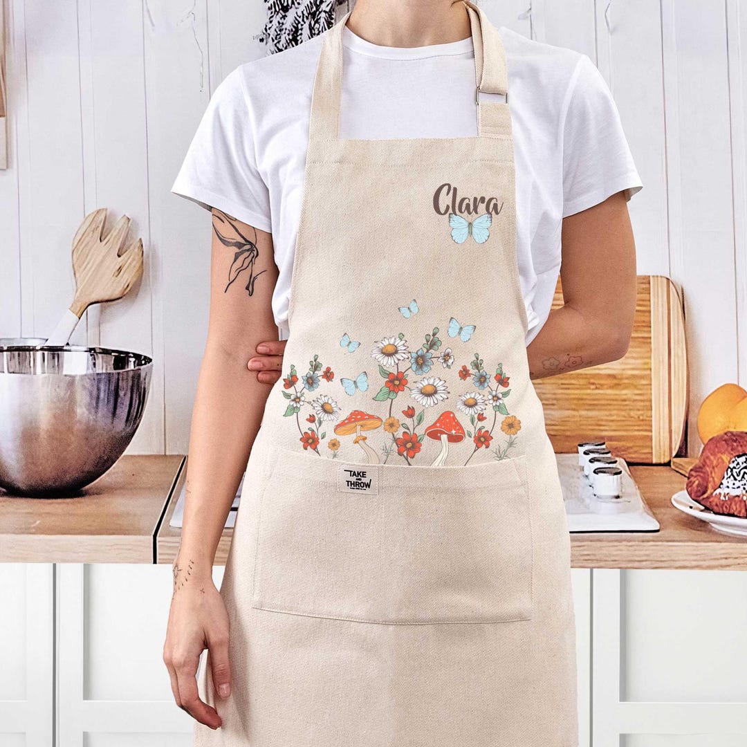 Personalised Floral Apron With Butterflies – Custom Name Cotton Cooking ...