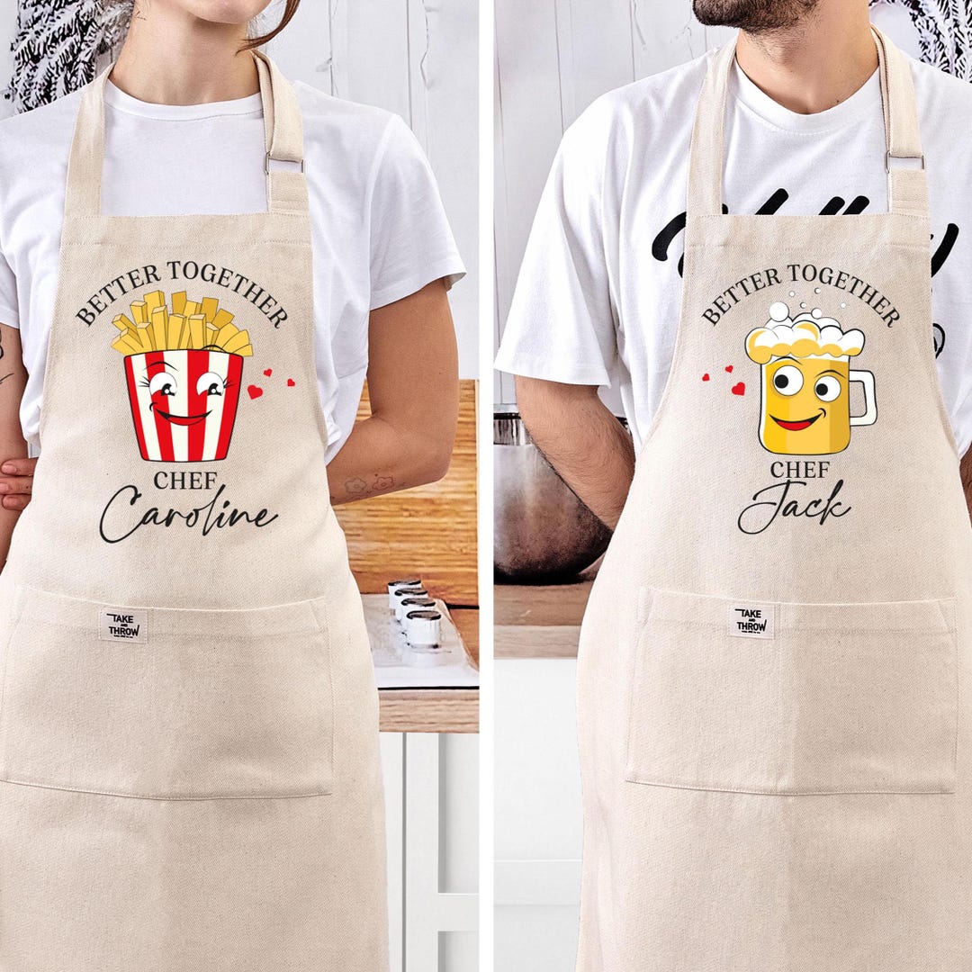 Couples Apron Set: Fries & Beer Cartoon, Personalized Cotton Kitchen ...