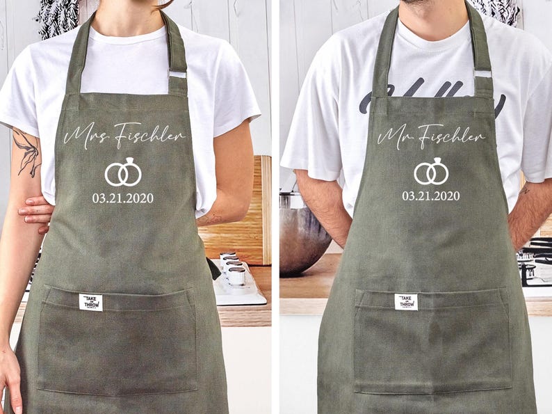 Personalized Couple Apron Set With Names and Rings Design - Etsy